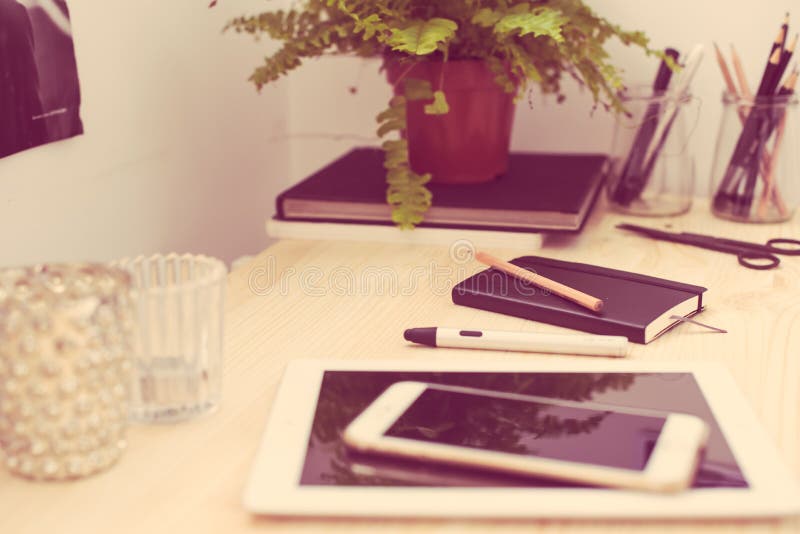 Tablet and Smartphone on the Working Table Stock Image - Image of light ...