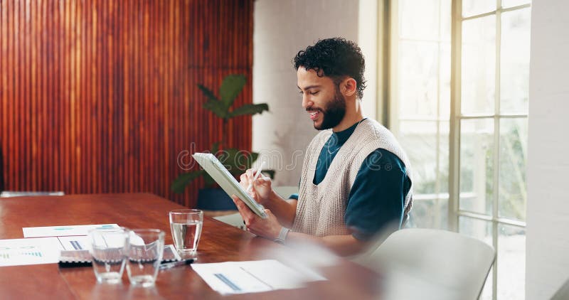 Tablet, Smile and Stylus with Business Man in Office for Event Planning ...