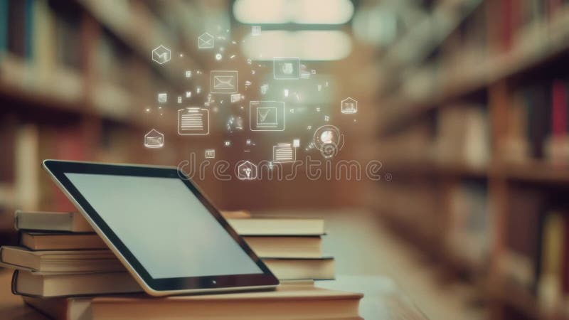Digital Tablet Showing Social Media Icons Lying on Books in Library ...