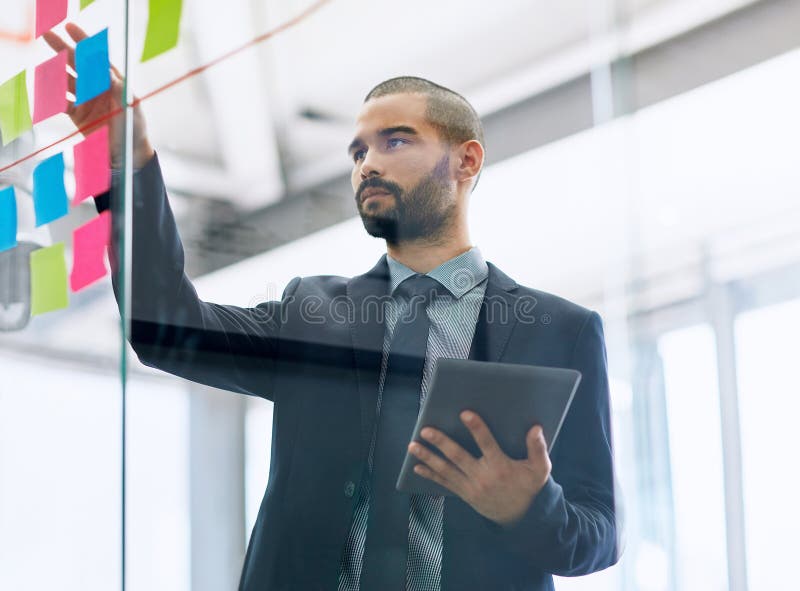 Tablet, Sticky Note and Business Man Planning Schedule, Brainstorming ...