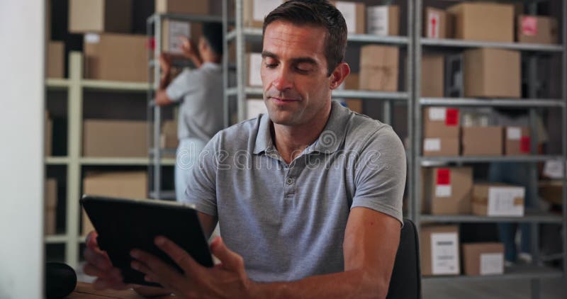Tablet, Supply Chain and Man in Warehouse for Distribution Stock with ...