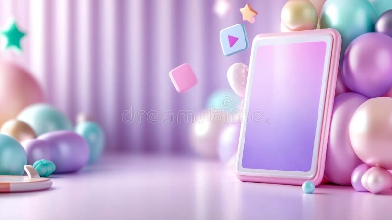 Tablet Surrounded by 3D Playful Icons and Pastel Colored Balls ...