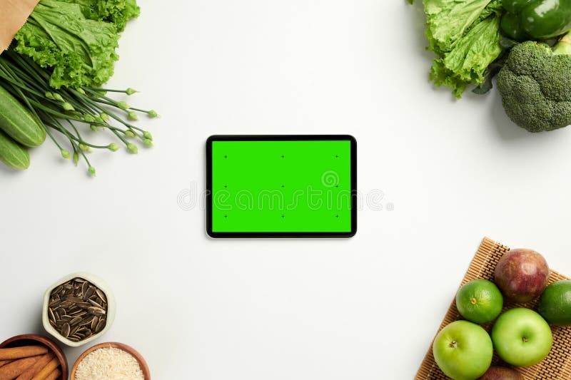 Tablet on Table with Fruits and Vegetables Stock Image - Image of ...