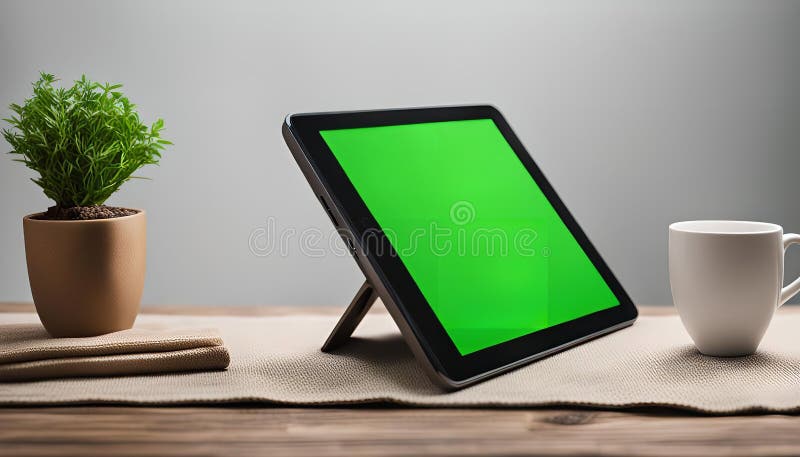 Tablet on a Table with a Green Screen Stock Illustration - Illustration ...