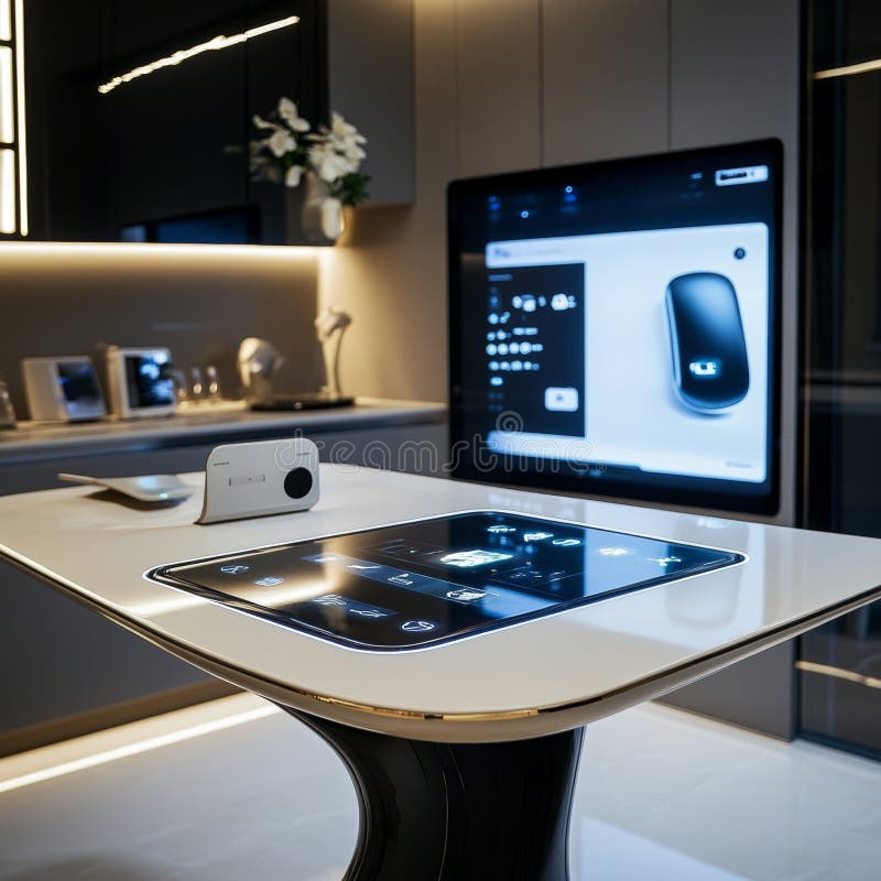 Tablet on the Table in the Modern Kitchen with a Touch Screen Interface ...
