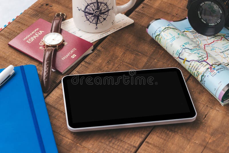 Tablet on a Table To Plan and Organize a Trip Stock Image - Image of ...