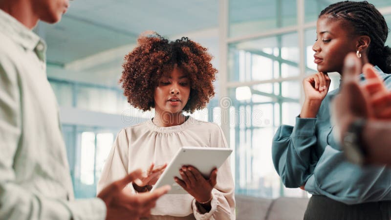 Tablet, Team and Business People in Discussion of Ideas, Event Planning ...