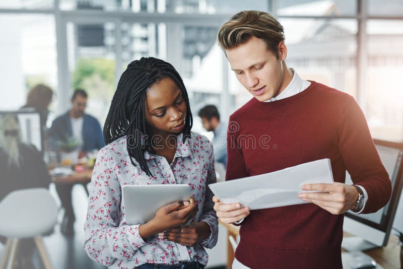 Tablet, Team and Business People with Paperwork for Planning, Reading ...