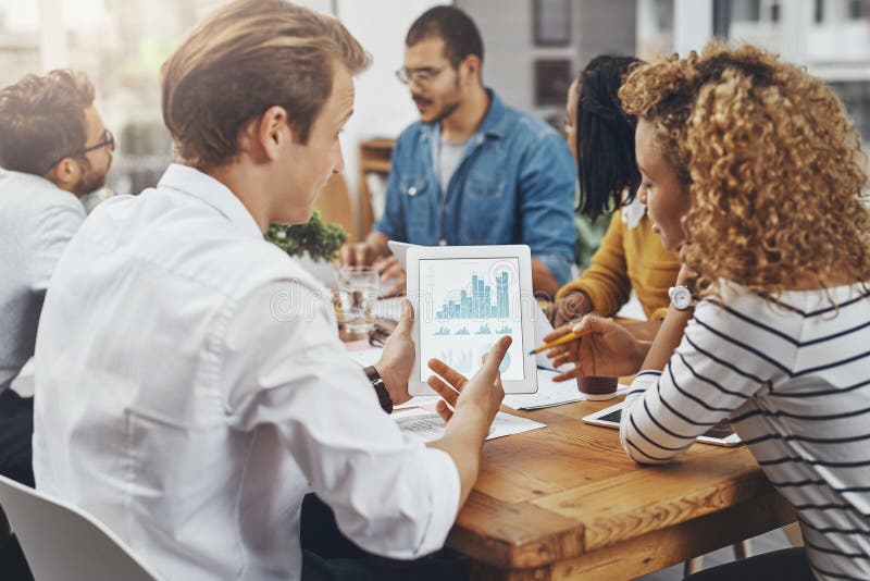 Tablet, Team Discussion and Business People with Data, Information and ...