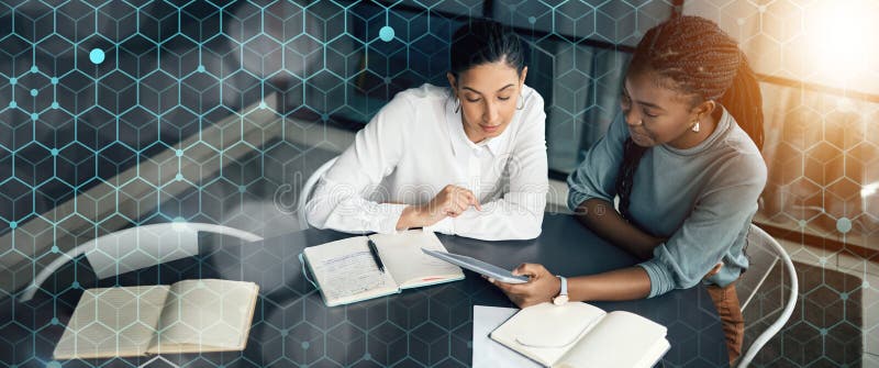 Tablet, Teamwork and Business People on Overlay in Office To Research ...