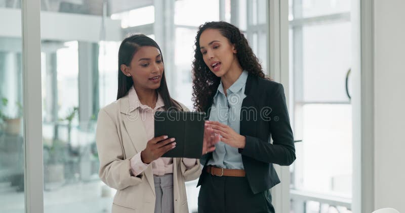 Tablet, Teamwork and Business Women in the Office, Talking about ...