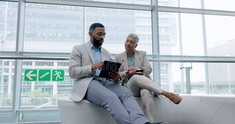 Tablet, Teamwork and Research with Business People at Hotel Lounge for ...