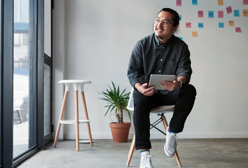 Tablet, Thinking and Asian Business Man with Creative Idea, Mindset or ...