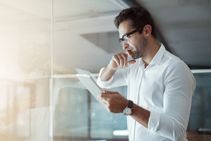 Tablet, Thinking and Business Man Reading Email for Sales Update ...