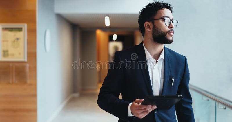 Tablet, Thinking and Walking with Business Man in Corridor of Office ...