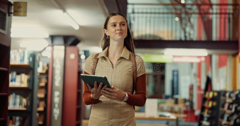 Tablet, Thinking and Woman Student in Library with Ideas for Studying ...