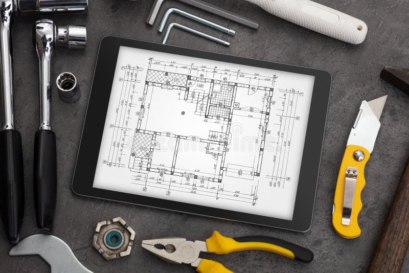 Tablet and Tools with Blueprint Concept Stock Image - Image of drill ...