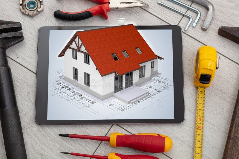 Tablet and Tools with 3d Home Plan Concept Stock Photo - Image of level ...