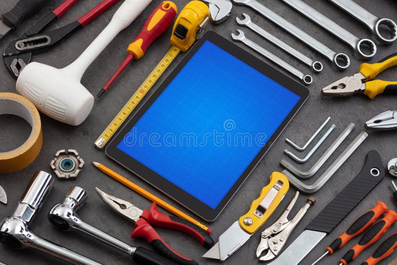 Tablet with Tools and Grid Screen Concept Stock Image - Image of inch ...