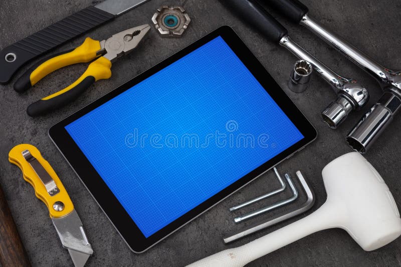 Tablet with Tools and Grid Screen Concept Stock Image - Image of ...
