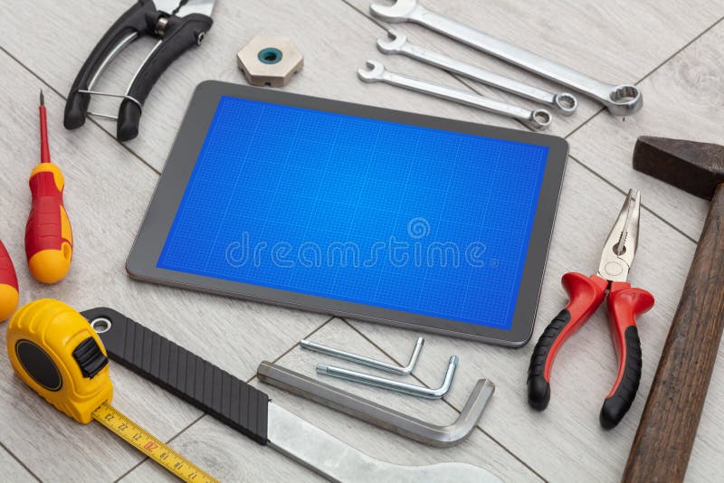 Tablet with Tools and Grid Screen Concept Stock Image - Image of knife ...
