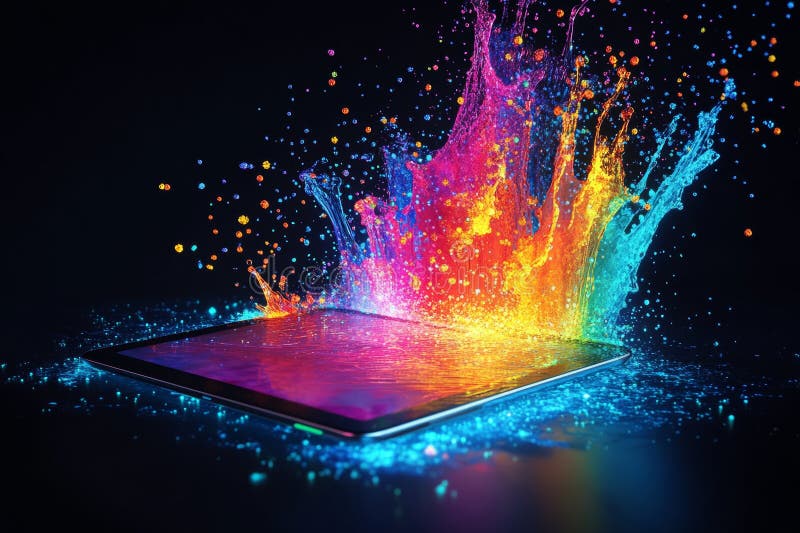 A Tablet Transforms into a Radiant Liquid, Splashing Vibrant Colors ...