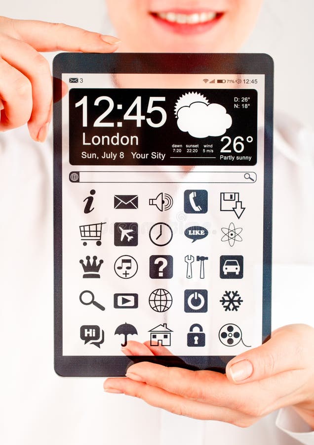 Tablet with Transparent Screen in Human Hands. Stock Photo - Image of ...