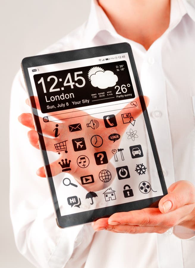 Tablet with Transparent Screen in Human Hands. Stock Image - Image of ...