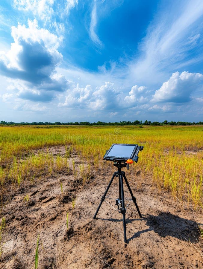 Tablet on Tripod in Golden Field Serene Landscape Technology in Nature ...