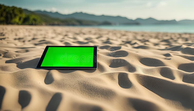 Tablet on a tropical beach stock illustration. Illustration of serene ...