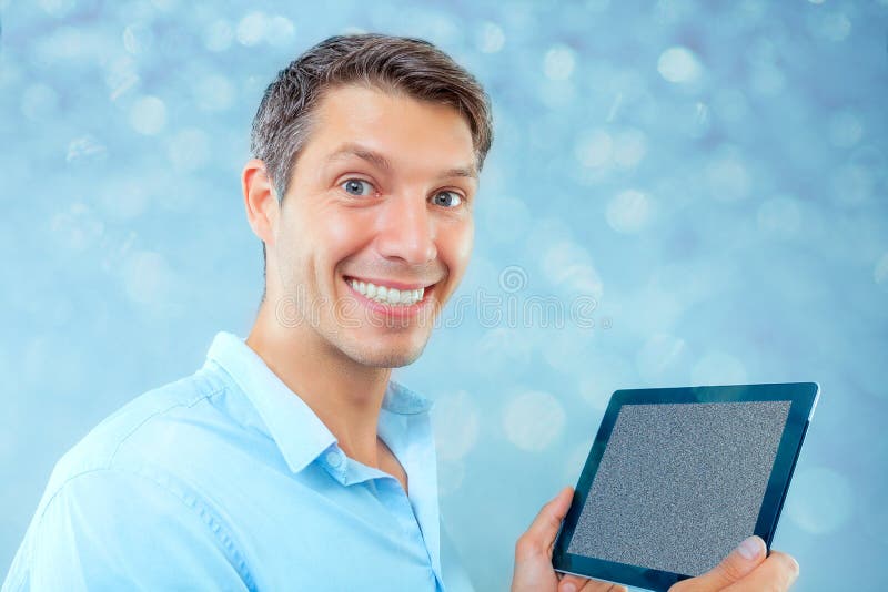 Tablet user looks excited stock image. Image of chair - 169557463