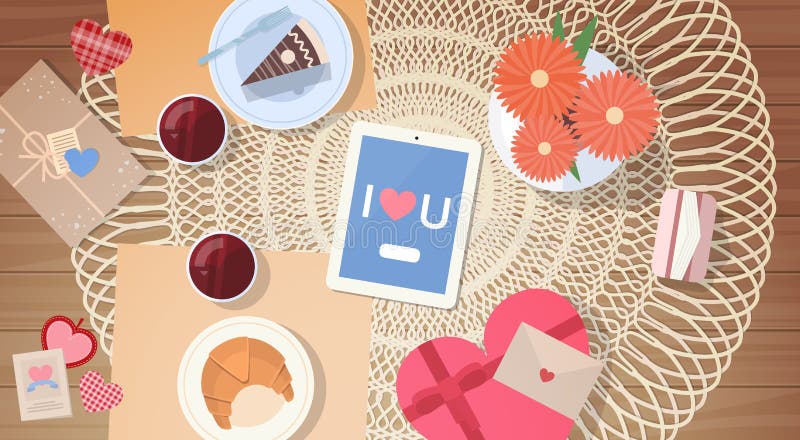 Tablet Valentine Day Gift Card Holiday Decorated Table Top Angle View ...