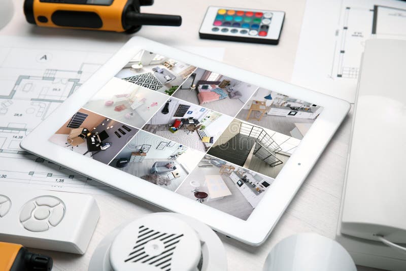Tablet with View from CCTV Cameras and Different Equipment on White ...