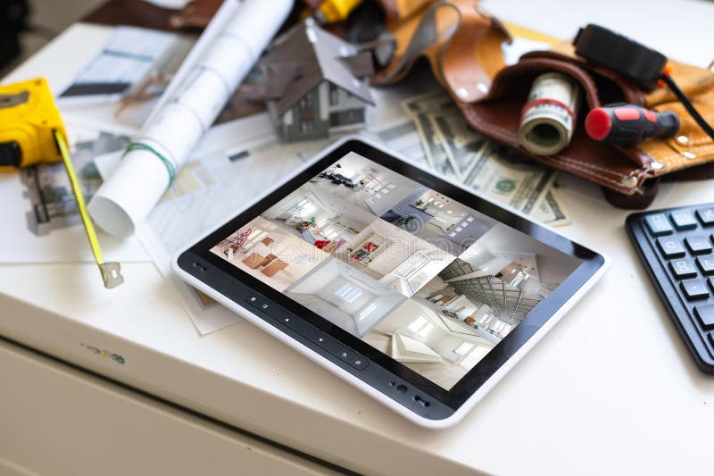 Tablet with View from CCTV Cameras and Different Equipment on White ...