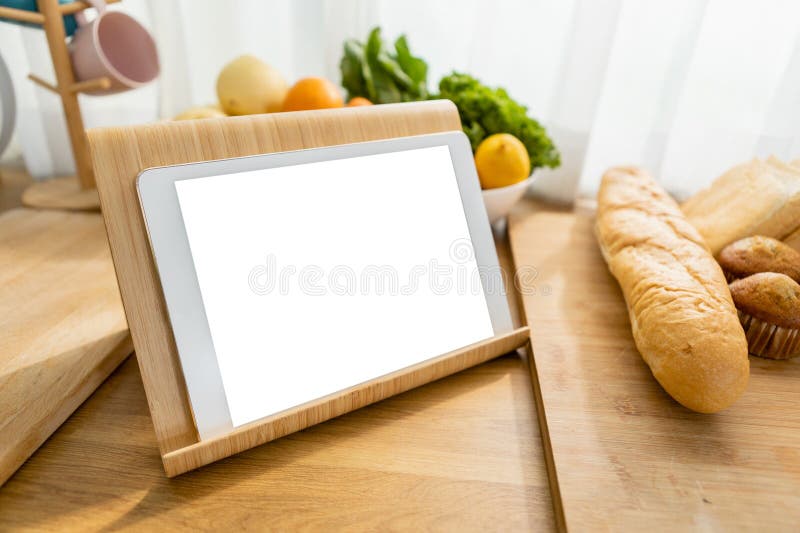 Tablet White Screen on Kitchen Table with Vegetables, Fruits and Bread ...