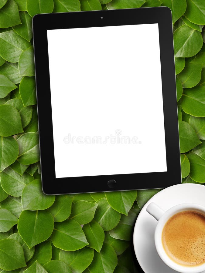 Coffee Cup and Tablet Pc Similar To Ipad on Dark Wooden Table Top View ...