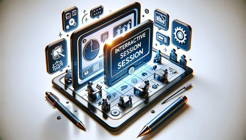 Tablet and Whiteboard Icons with Interactive Session Text on White ...