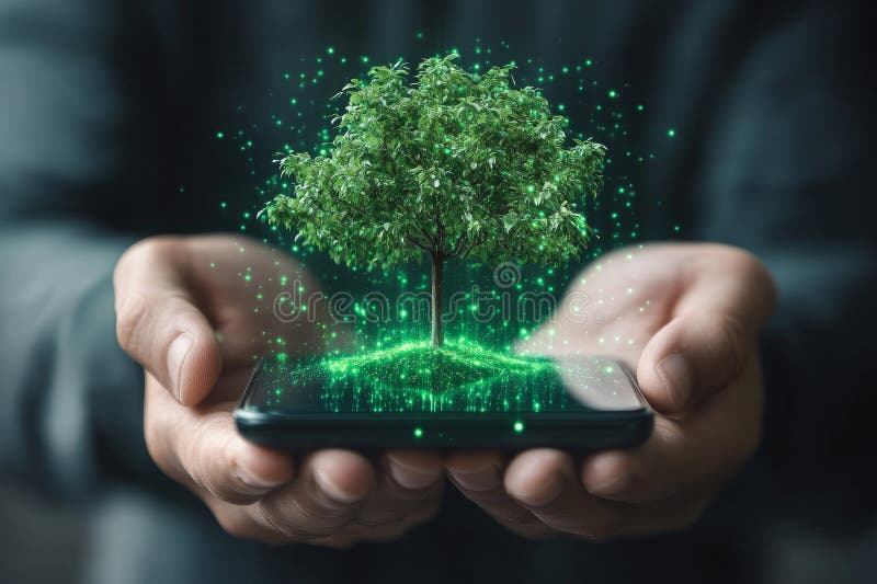 A Tablet-wielding Businessman is Illustrated with a Luminous Tree ...