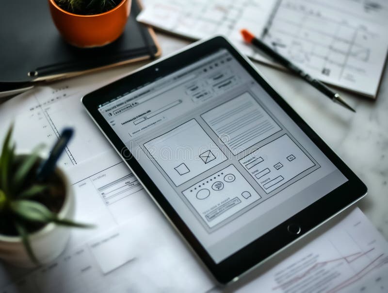 Tablet with Wireframe Designs on a Desk Cluttered with Papers, a Pencil ...