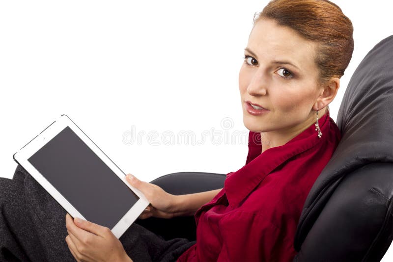 Young woman using iPad stock image. Image of device, businesswoman ...
