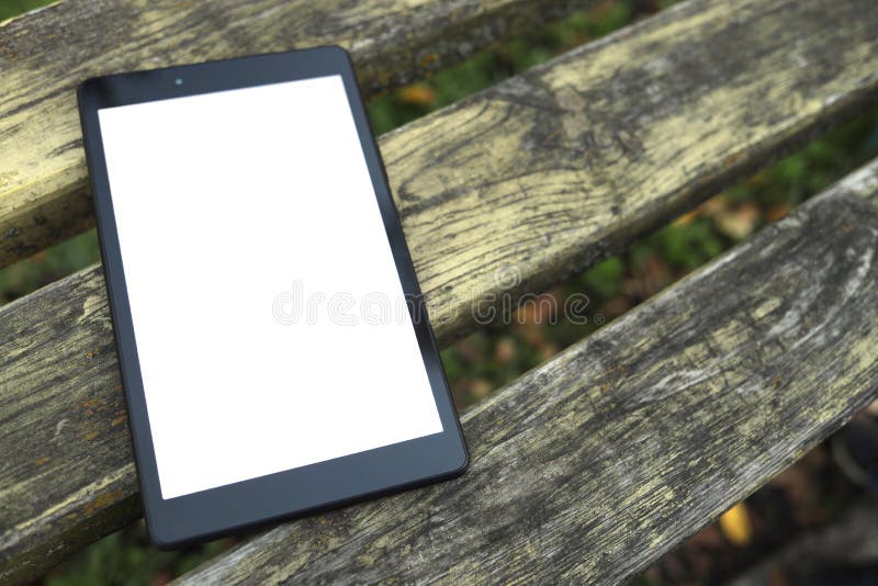 Tablet on a Wooden Bench. Blank Screen for Design, Copy Space Stock ...