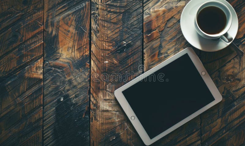 Tablet on a Wooden Table with a Cup of Coffee on the Left Stock Image ...