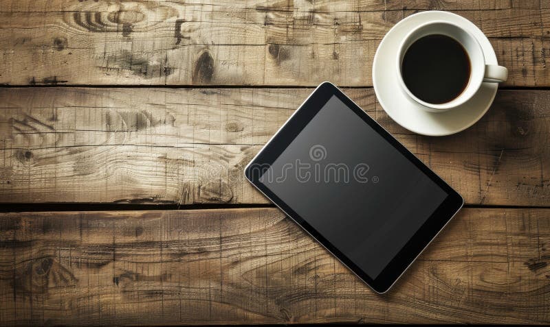 Tablet on a Wooden Table with a Cup of Coffee on the Left Stock Image ...