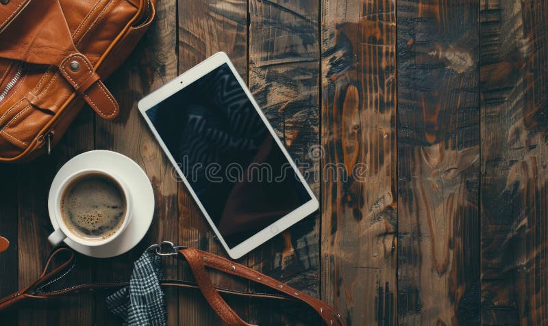 Tablet on a Wooden Table with a Cup of Coffee on the Left Stock Photo ...