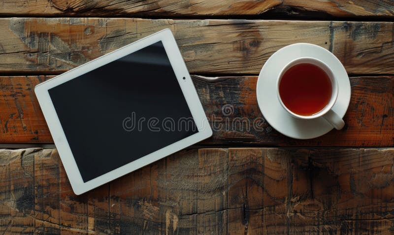 Tablet on a Wooden Table with a Cup of Coffee on the Left Stock Photo ...