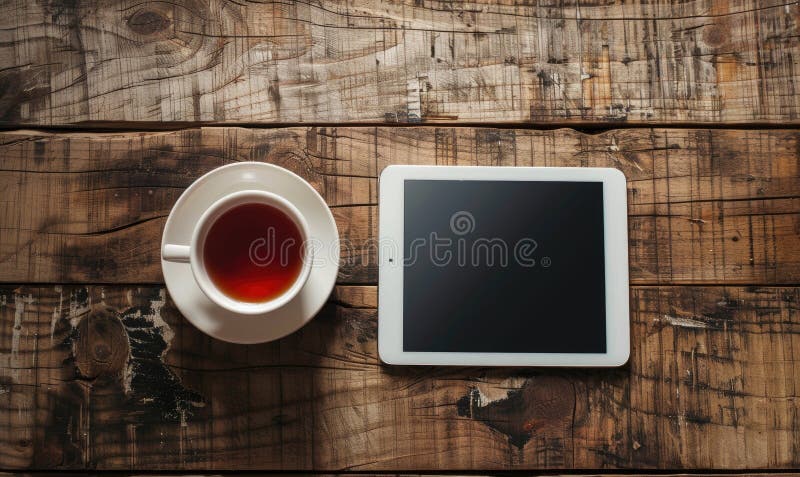 Tablet on a Wooden Table with a Cup of Coffee on the Left Stock Image ...