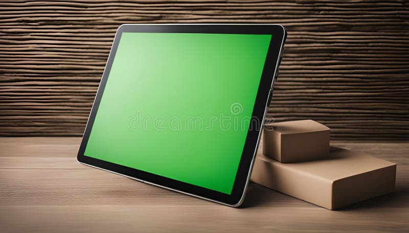 Tablet on a Wooden Table with Green Screen Display Stock Illustration ...