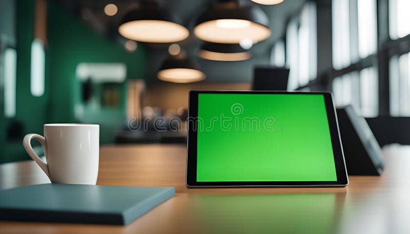 Tablet on a Wooden Table in a Modern Office Stock Illustration ...