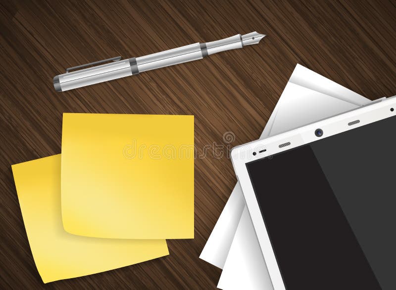Tablet on Wooden Table with Yellow Stick Notes Stock Vector ...