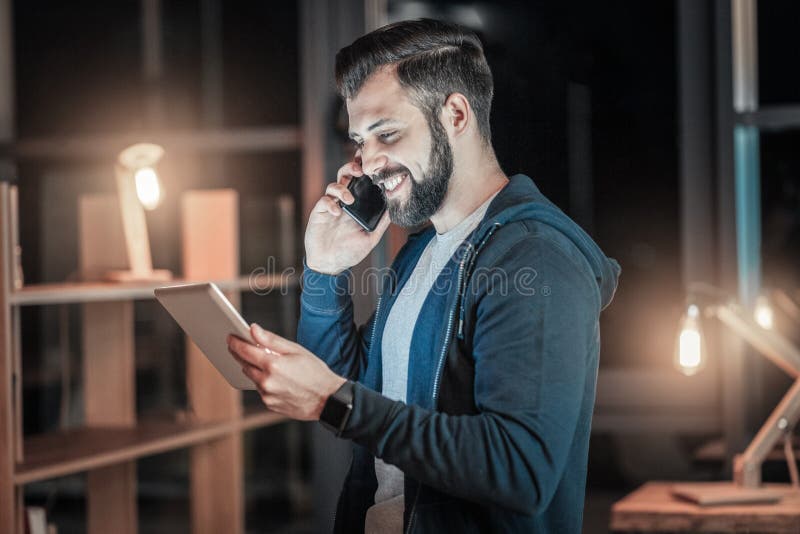 Cheerful it Guy Calling Client Stock Photo - Image of data ...